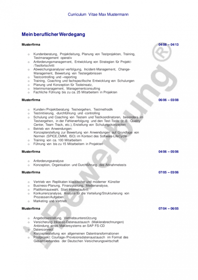 Porbe von Initiativbewerbung Als Projektleiter (Muster Lebenslauf ...