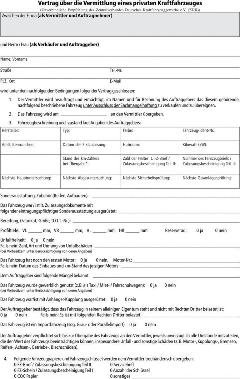 das Beispiel von Vertrag Über Die Vermittlung Eines Privaten Kraftfahrzeuges ...