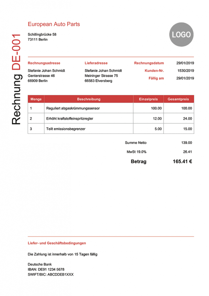 das Sample von Kostenlose Pdf Rechnung 100 Vorlagen Zum Drucken Online ...